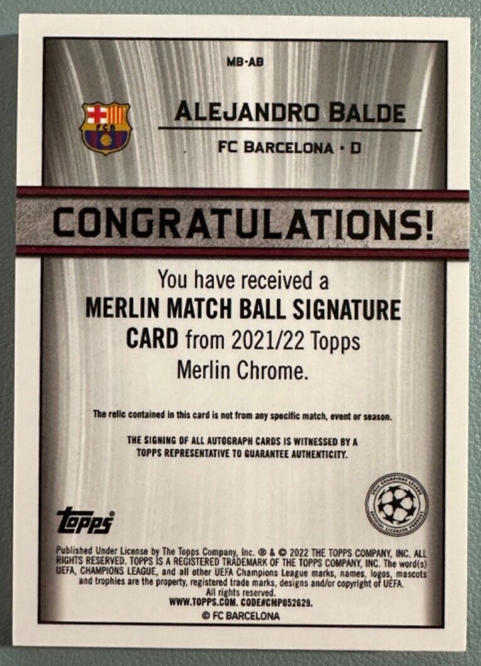 2021-22 Topps Merlin Chrome Match Ball Signatures ALEJANDRO BALDE ...