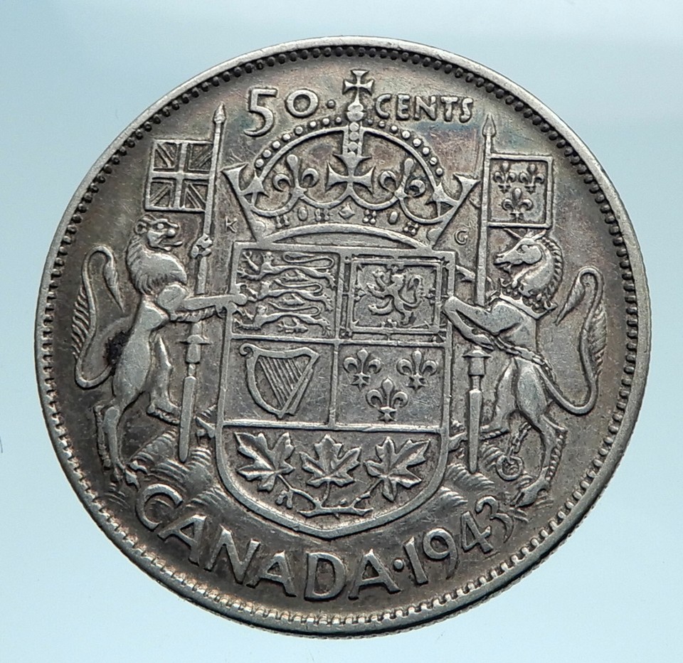 1942 CANADA WWII Time SILVER 50 Cents Coin UK King GEORGE VI Coat-of ...