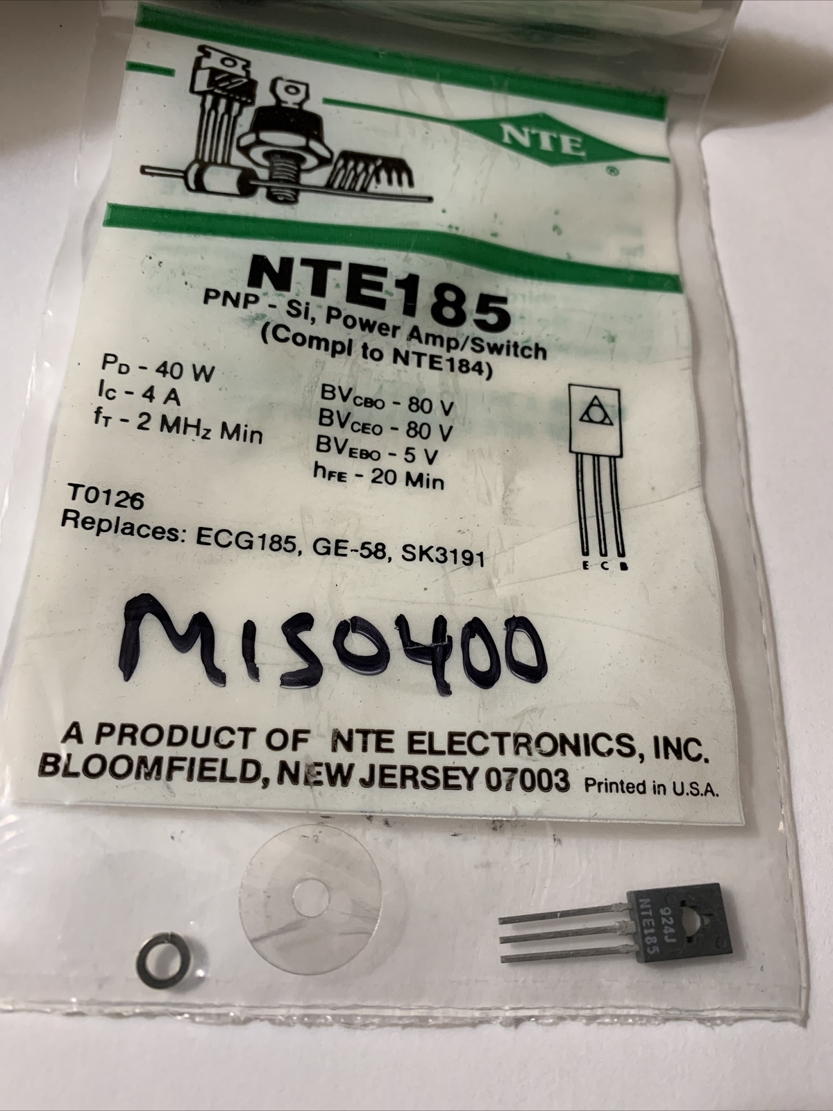 NTE185 TRANSISTOR PNP Si Power Amp Switch 80V 4A TO-126 CASE AUDIO ...