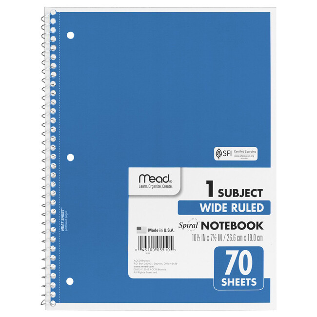 Mead Spiral 1-Subject Wide-Ruled Notebook, 1 Notebook, Blue | eBay