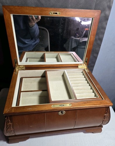 Large Lidded 2 Draw Red Cherry Wood Jewelry Box W Mirror/ Insert No Key ...