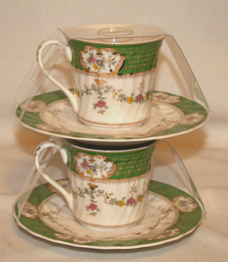 Grace Teaware Two Cups & Saucers Asian Inspired Green w/Gold Trim ...