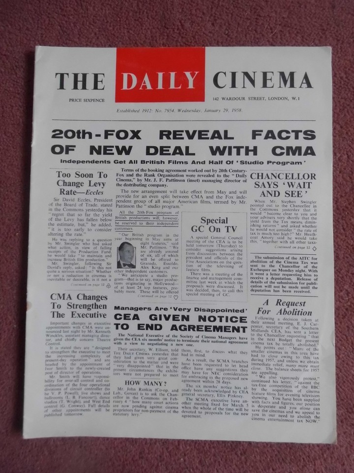 HAMMER, JACK PALANCE, TONY HANCOCK, SABRINA in 1958 UK trade mag DAILY ...