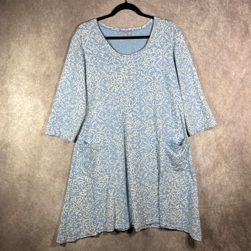 Fresh Produce Dress Womens Large Blue White Floral A-Line Cotton Casual ...