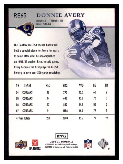 2008 Upper Deck Rookie Exclusives - #RE65 Donnie Avery (RC) for sale ...