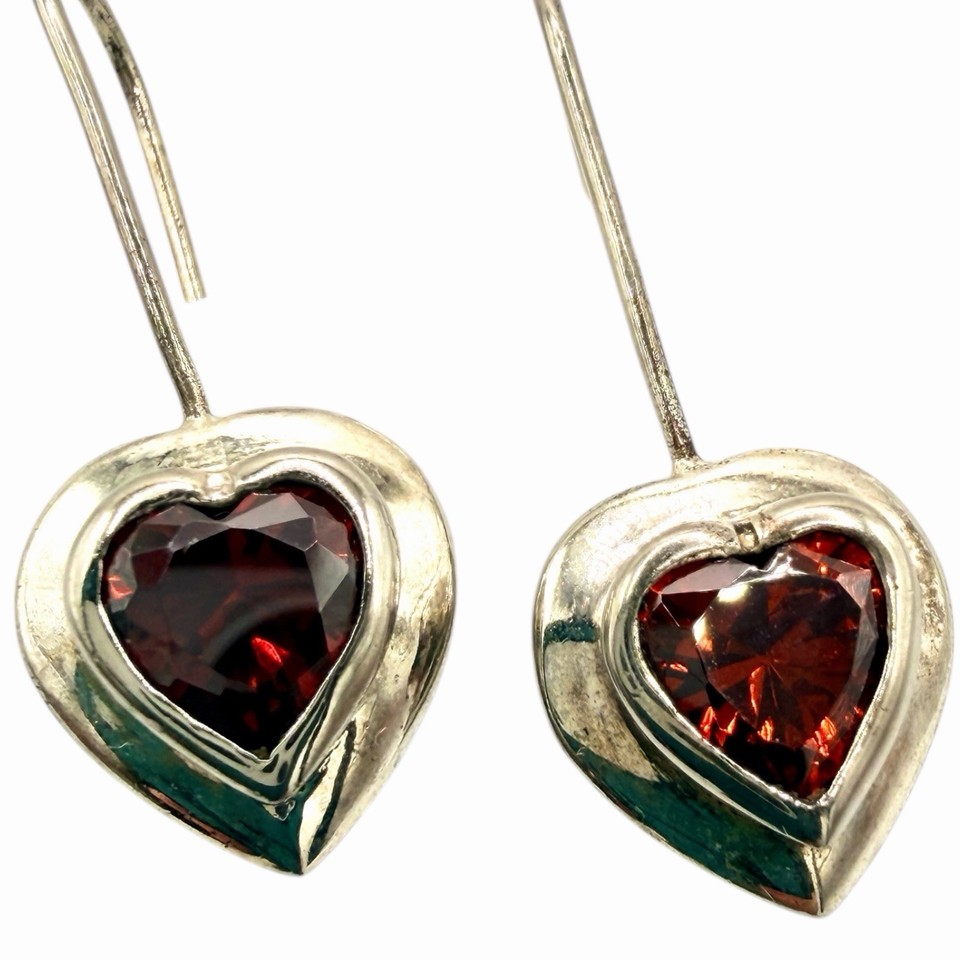 Sterling Silver 925 Heart Earrings Red Garnet Drop Dangle Artisan 4.3g ...