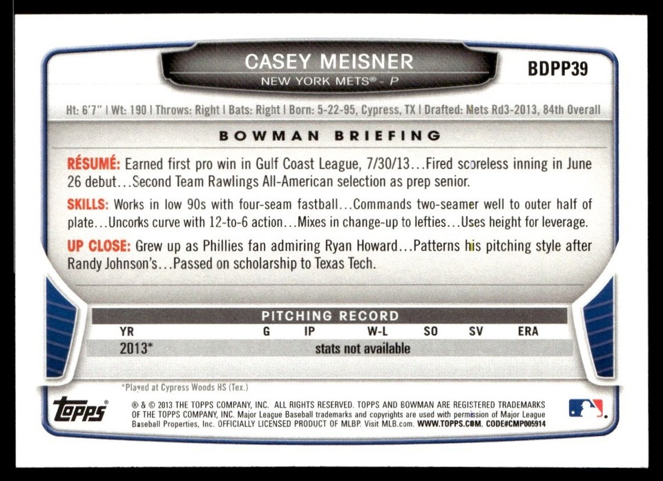 2013 Bowman Draft Picks & Prospects Casey Meisner New York Mets #BDPP39 ...