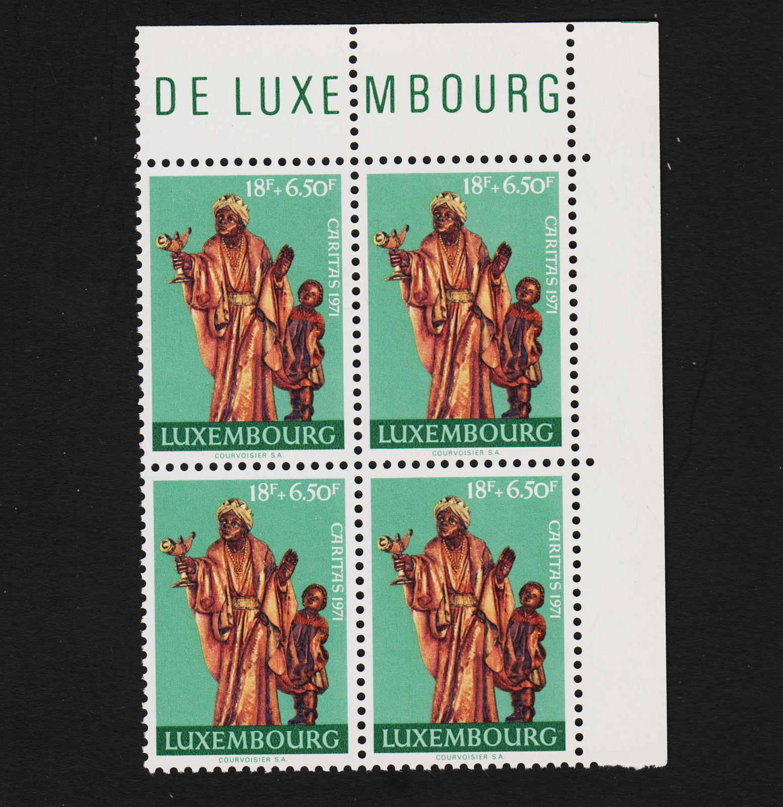 1971 Luxembourg Sculptures 18f+6,50c Sc#B286 Corner Margin Block Mint ...