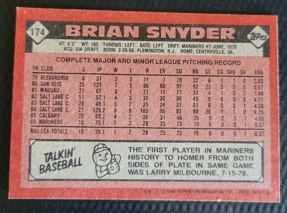 1986 Topps TCG BRIAN SNYDER Seattle Mariners MLB Baseball Card #174 | eBay