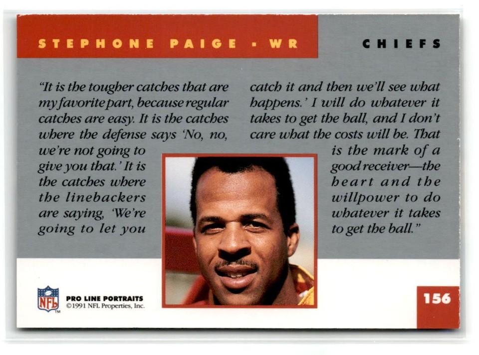 1991 Pro Line Portraits FOOTBALL #156 Stephone Paige Kansas City Chiefs ...