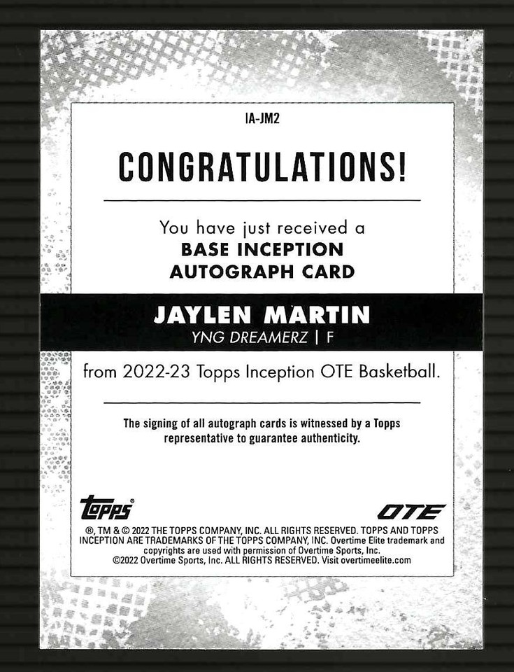2022-23 Jaylen Martin Topps Inception Overtime Elite Rookie Red Auto 37 ...