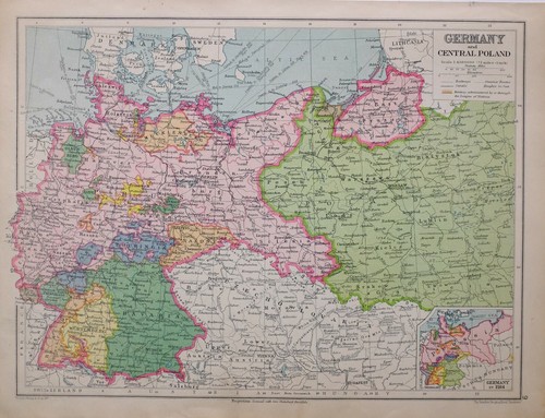 1934 MAP GERMANY CENTRAL POLAND POSEN PRUSSIA BERLIN THURINGIA BAVARIA ...