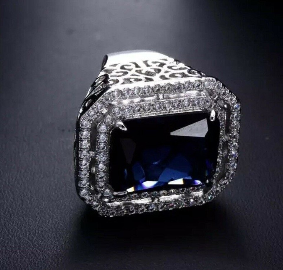 Lab-Created Blue Sapphire Big Large Square Ring 18k White Gold Filled ...