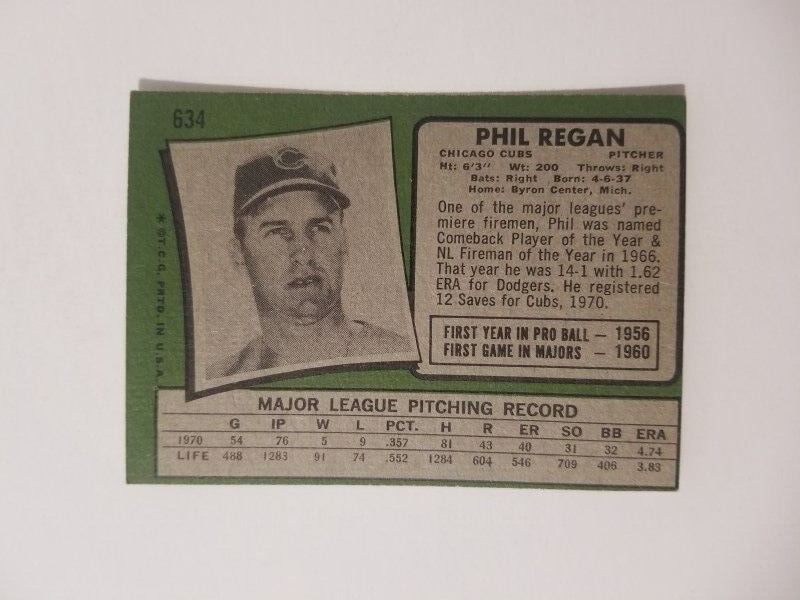 PHIL REGAN 1971 TOPPS BASEBALL CARD #634 CHICAGO CUBS | eBay