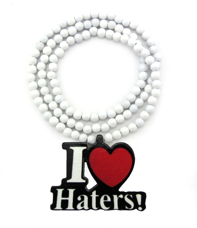 WOODEN I LOVE HATERS! PENDANT PIECE & 36" CHAIN BEAD NECKLACE GOOD WOOD ...
