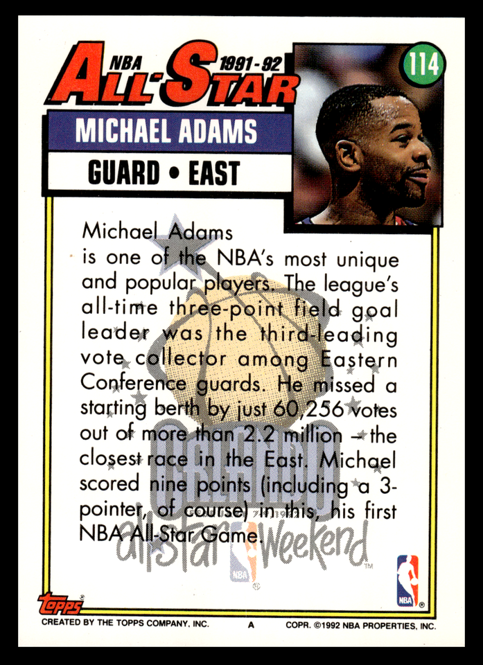 1992-93 Topps Michael Adams #114 Washington Bullets NBA Basketball Base ...