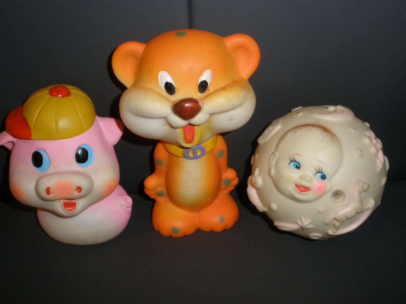 Lot of 3 Vintage Squeaky Toys Face with Toys, Japan Orange Tiger, Pig ...