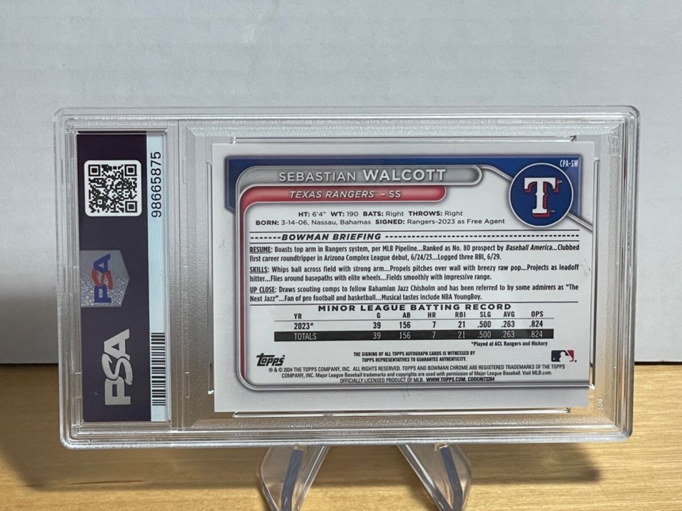 2024 BOWMAN CHROME SEBASTIAN WALCOTT PROSPECT AUTO PSA 9 MINT Texas ...