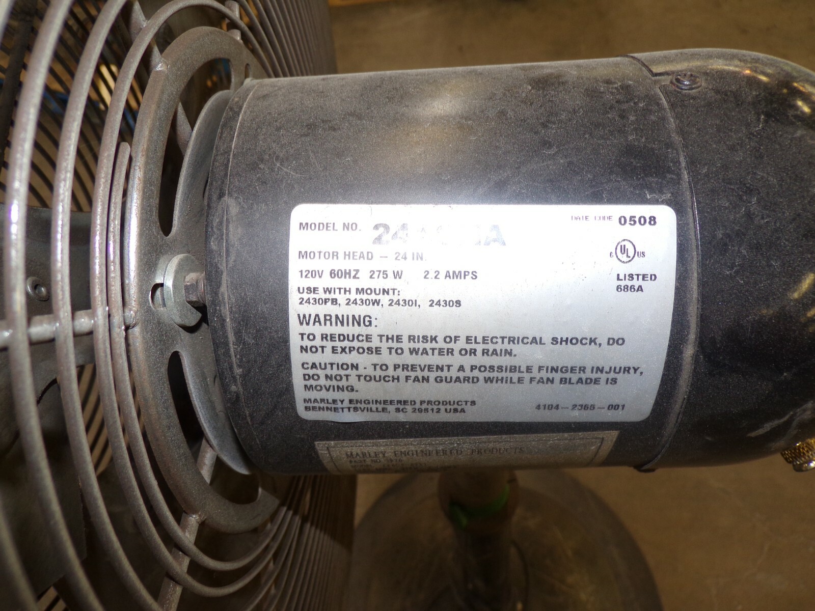 MARLEY INDUSTRIAL FAN, 24ACHA, 24" BLADE, 2.2 AMPS, 60" HEIGHT, 28 ...