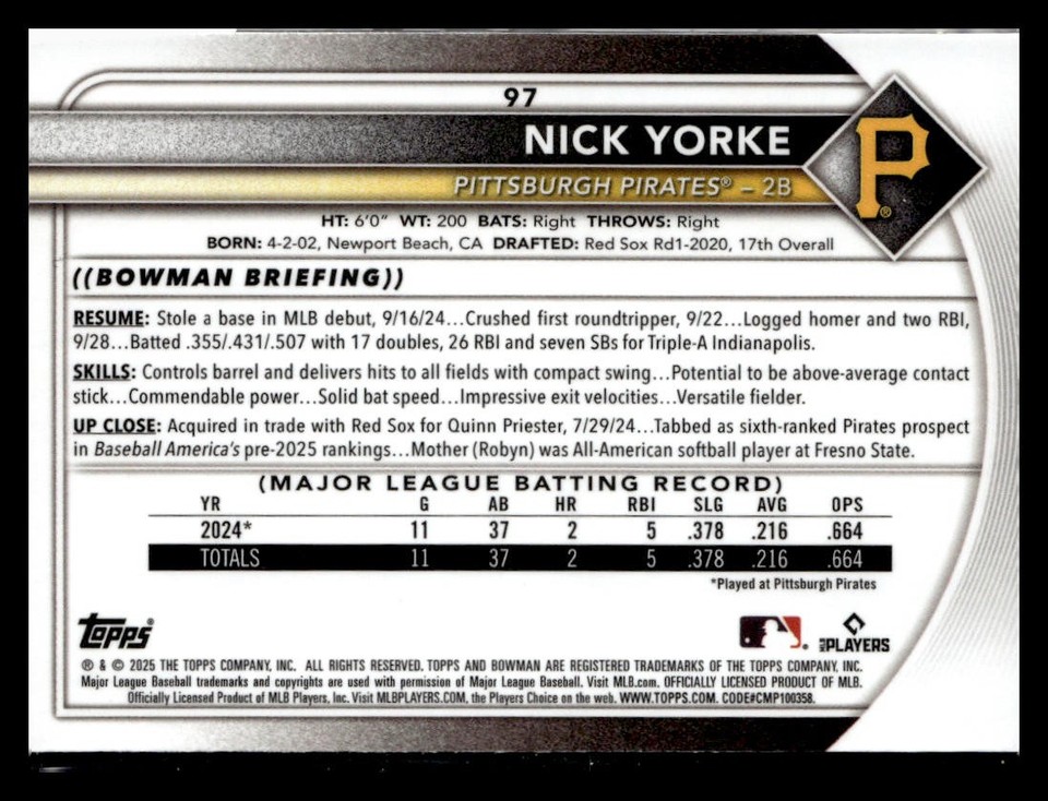 2025 Bowman #97 Nick Yorke Bowman Chrome Red Rookie Logo | eBay