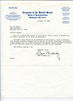 Dave McCurdy US OK Oklahoma Representative Congress Signed Autograph ...