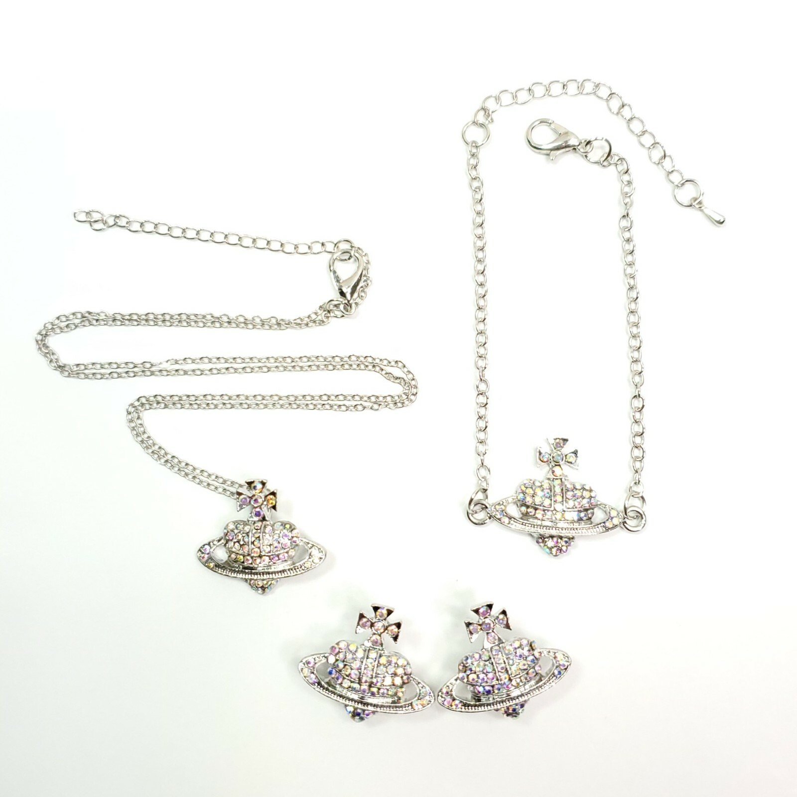 N0165 Silver Tone AB Rhinestone Heart Planet Shape Pendant Necklace ...