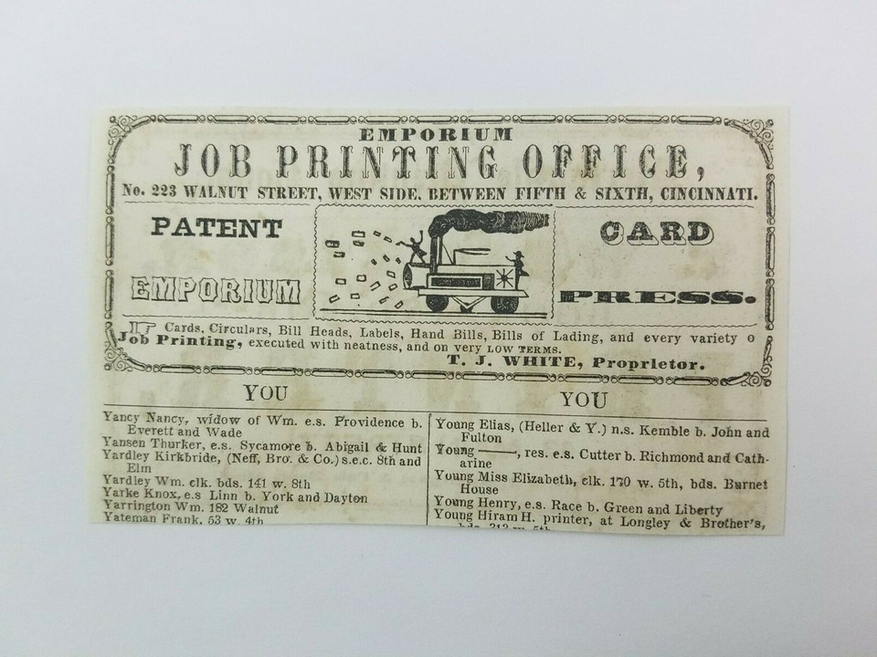 1851 Cincinnati Ohio Print Advertisement Wrightson Printer TJ White ...
