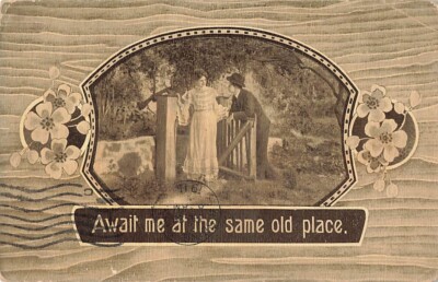 Postcard Romance Couple Gate Await Me at the Same Old Place DB | eBay