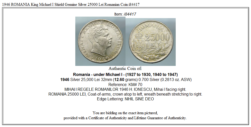 1946 ROMANIA King Michael I Shield Genuine Silver 25000 Lei Romanian ...