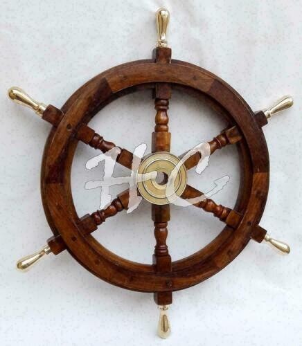 24"Brass Wooden Ship Steering Wheel Pirate Décor Fishing Wall Boat ...