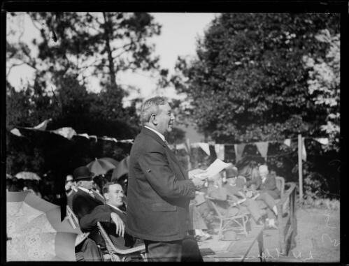Chief Civic Commissioner Mr Fleming addressing an outdoor meeting,- Old ...