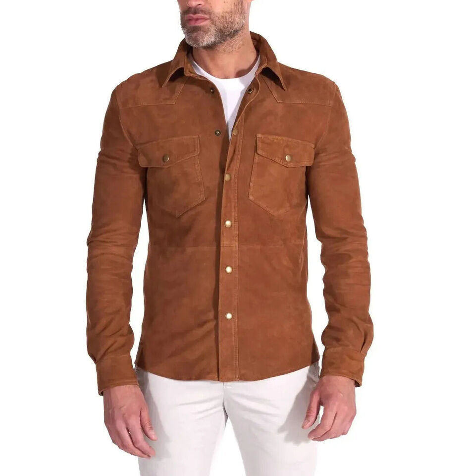 Men's TAN Suede Leather Shirt 100% Pure Lambskin Casual Suede Shirt | eBay