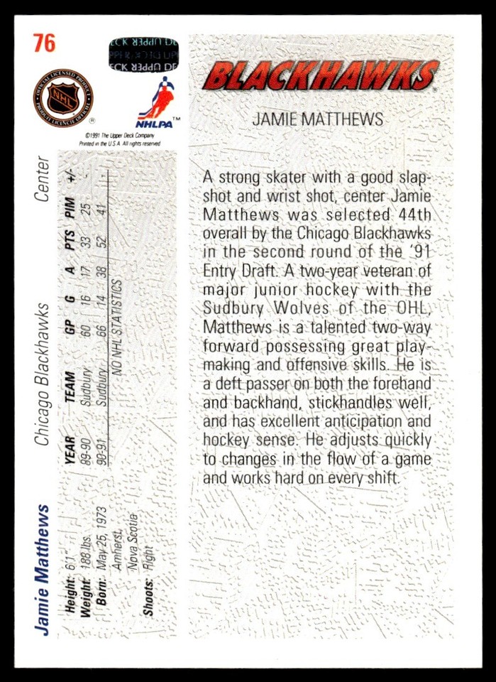 1991-92 Upper Deck Jamie Matthews Chicago Blackhawks #76 | eBay