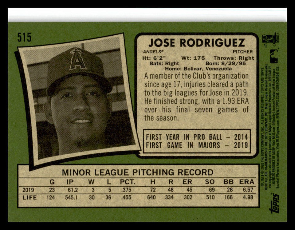 2020 Topps Heritage Jose Rodriguez #515 Los Angeles Angels | eBay