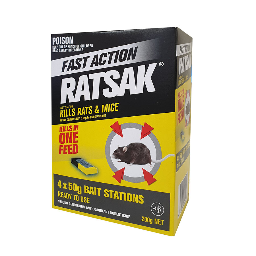 Ratsak Fast Action Rat and Mouse Bait 1 Shot 4 X 50g Bait Stations ...