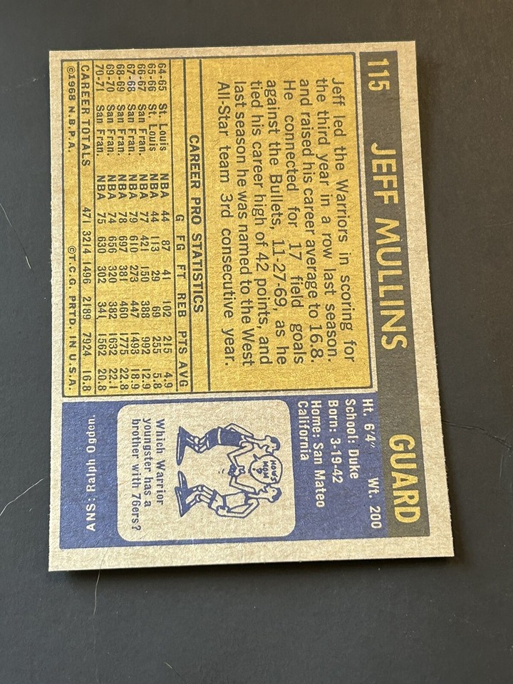 1971-72 Topps Basketball #115 Jeff Mullins EX+ San Francisco Warriors ...