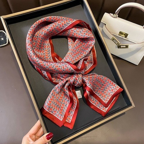 100% Mulberry Silk Long Scarf Women's Red Diamond Pattern Neckerchief ...