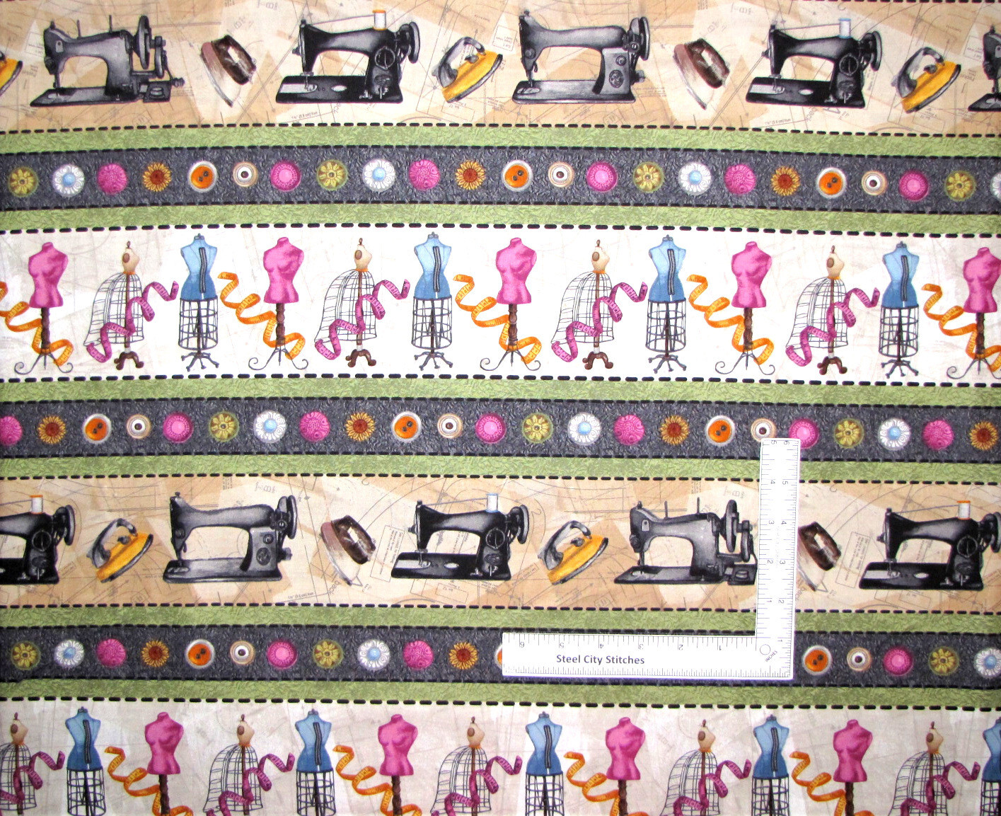 Sewing Theme Fabric Sew Machine Stripe Atelier Blank Quilting Cotton By ...