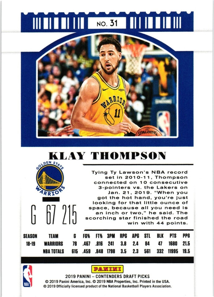 Klay Thompson 2019-20 Panini Contenders Draft Picks Season Ticket ...