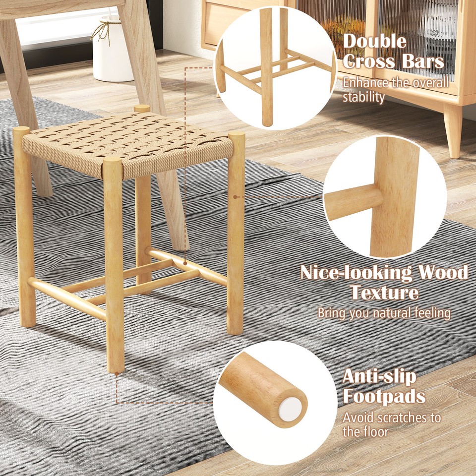 Set of 4 Dining Stool 18" Backless w/ Rubber Wood Frame Woven Paper ...