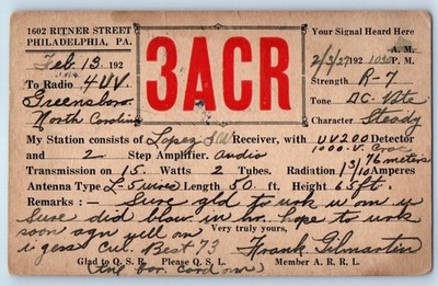 Philadelphia Pennsylvania PA Postal Card Radio 4UV 3ACR QSL Ham Radio ...