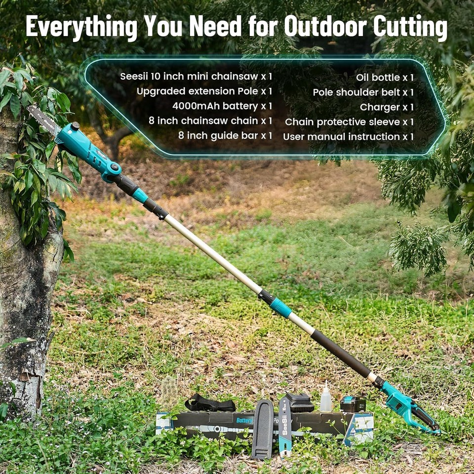 Seesii 8in &10 Inch Cordless Pole Saw, 9 feet Extendable Pole Electric ...