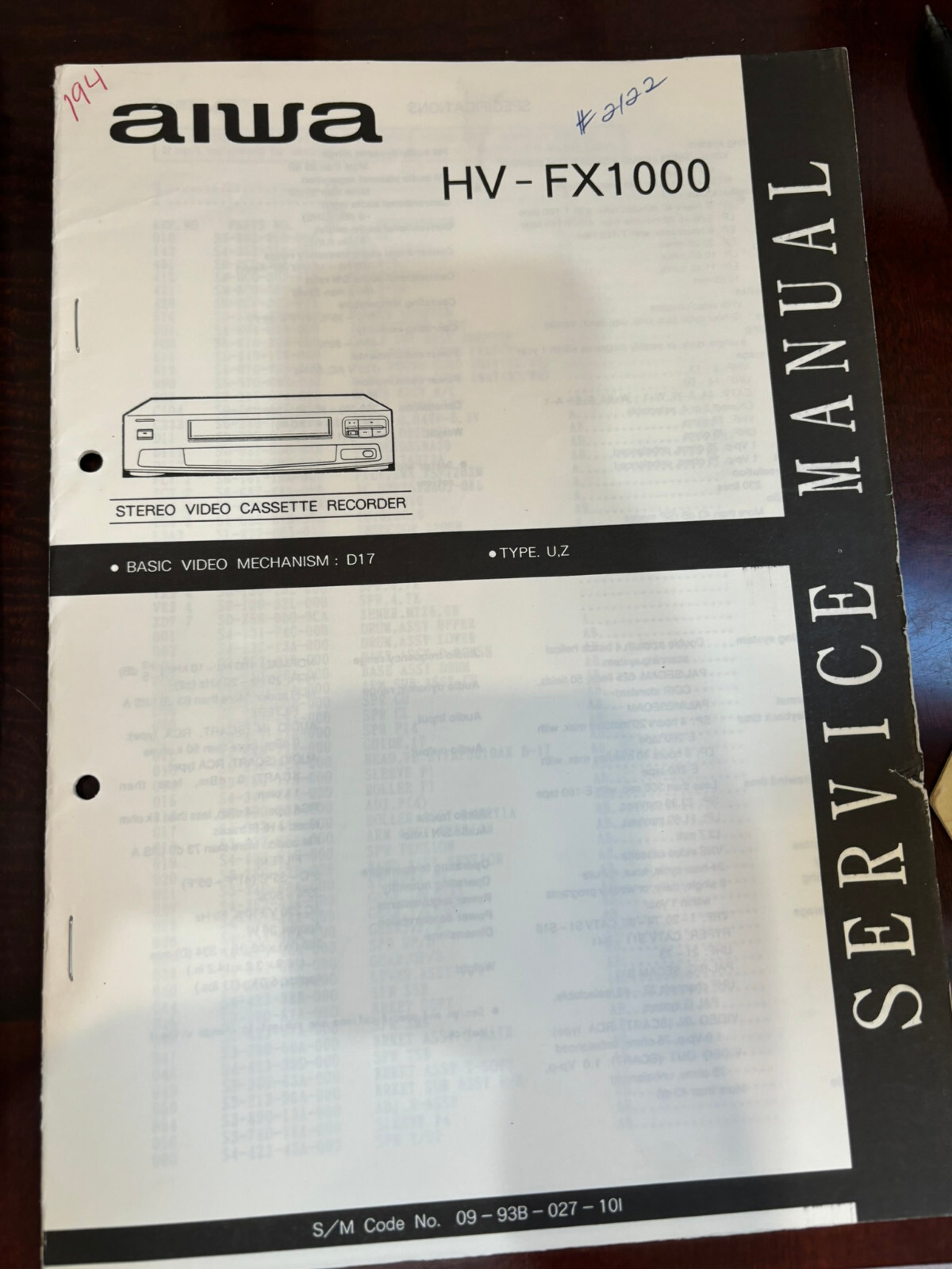 AIWA HV-FX1000 HVFX1000 VCR Repair Service Manual 194 995 **ORIGINAL ...