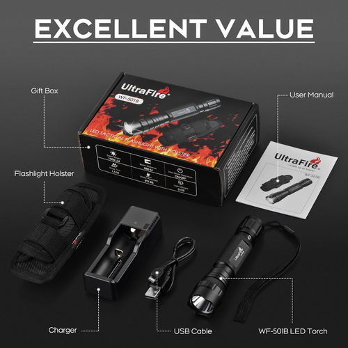 Tactical Flashlight with Holster, Single Mode LED Flashlight 1000 High ...