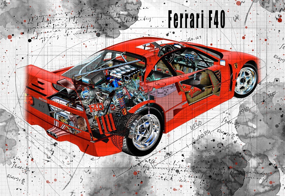 Line Tech Drawing Ferrari F40 Cutaway Art Poster Print | eBay UK