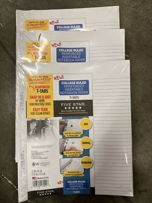 Lot Of 3 Packs - 75 Sheet Five Star Reinforced Insertable Paper ...