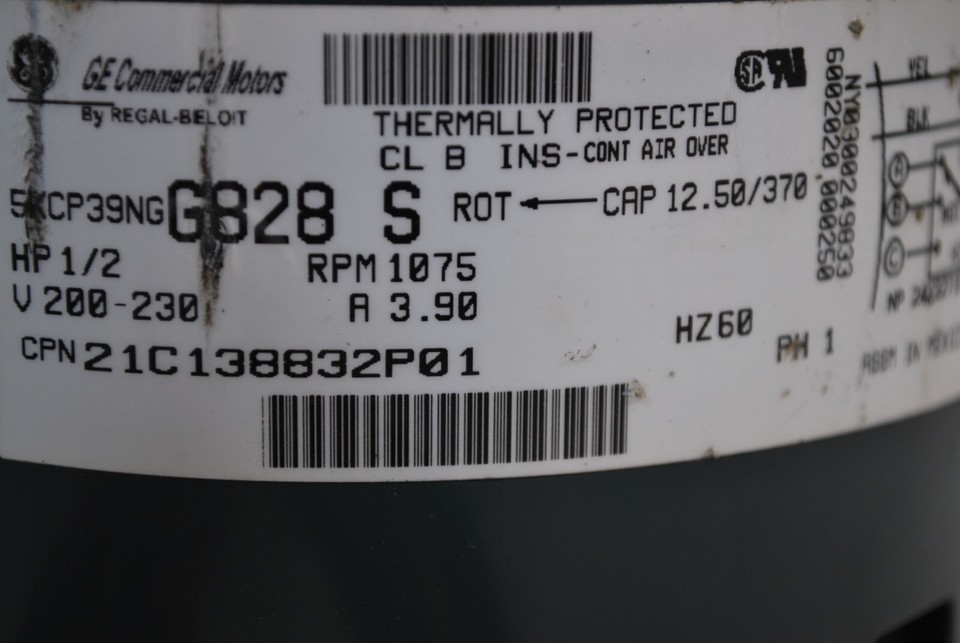 GE 5KCP39NG G828S 1/2hp, 200/230V, 1075rpm, Blower Motor, Trane ...
