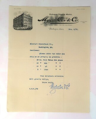 Vintage Ephemera 1909 Bill Head, Dubuque Tobacco Works, Myers Cox & Co ...