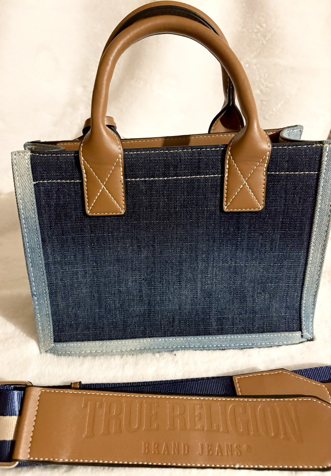 $98 True Religion Blue Jean Stone Washed Denim Tote Crossbody Purse bag ...