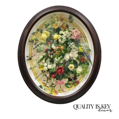 Antique Victorian Wax Floral Mourning Wreath Oval Mahogany Shadow Box ...